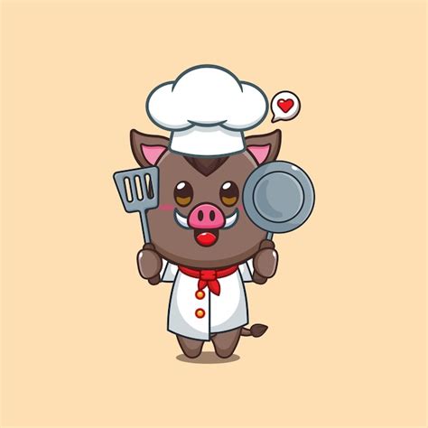 귀여운 요리사 야생 돼지 만화 터 일러스트레이션 프리미엄 벡터
