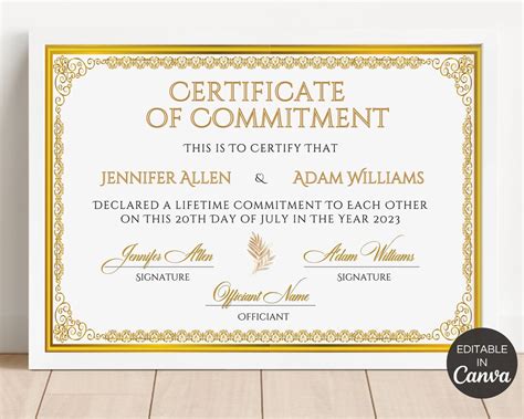 Commitment Certificate Template Editable Certificate Of Commitment