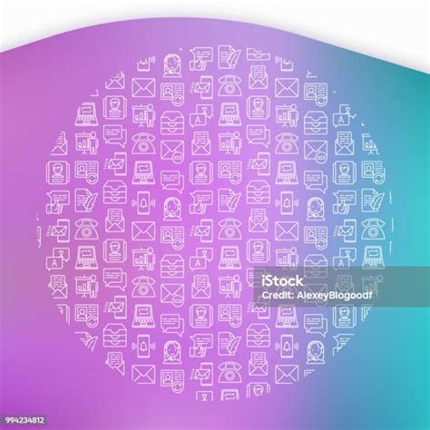 얇은 선 아이콘 원에서 통신 개념 이메일 전화 채팅 연락처 주석 받은 편지함 번역기 프레 젠 테이 션 메시지 화면 공유 지원 인쇄 매체에 대 한 벡터 일러스트입니다 개념에