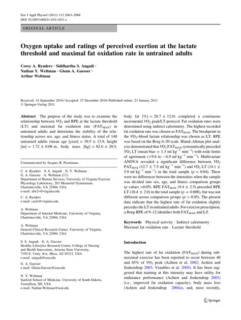 Pdf Oxygen Uptake And Ratings Of Perceived Exertion At The Lactate Threshold And Maximal Fat