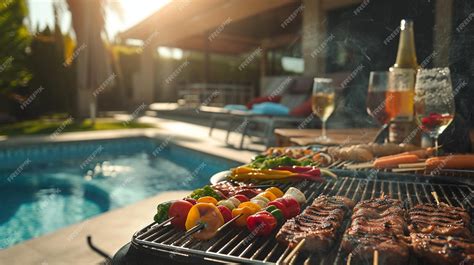 Free Photo A Poolside Barbecue Party With Sizzling Grills Delicious