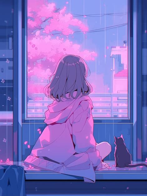 Аниме девушка сидит на подоконнике с кошкой смотрит на город генеративный ай Премиум Ai