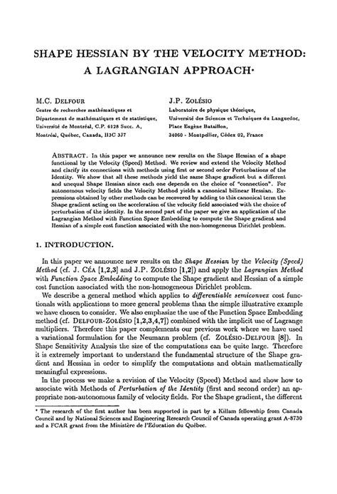 Pdf Shape Hessian By The Velocity Method A Lagrangian Approach