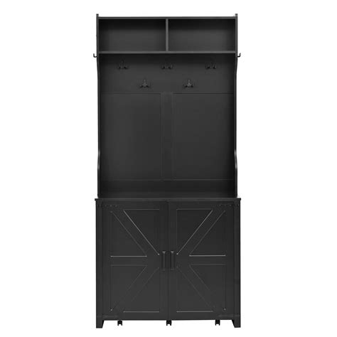 Gracie Oaks Farmhouse 4 In 1 Hall Tree With Barn Doors Movable Bench