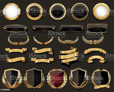빈티지 레트로 프리미엄 품질의 골든 배지 및 라벨 컬렉션 1위에 대한 스톡 벡터 아트 및 기타 이미지 1위 검은색 고급 Istock