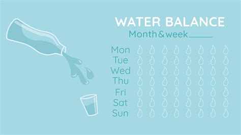 물 추적기 물 균형 달력 물 주간 추적기 월요일부터 일요일까지 수분 공급 챌린지 파란색 배경에 플랫 벡터 그림입니다 병과 유리가 있는 식수 체크리스트 개념에 대한 스톡 벡터