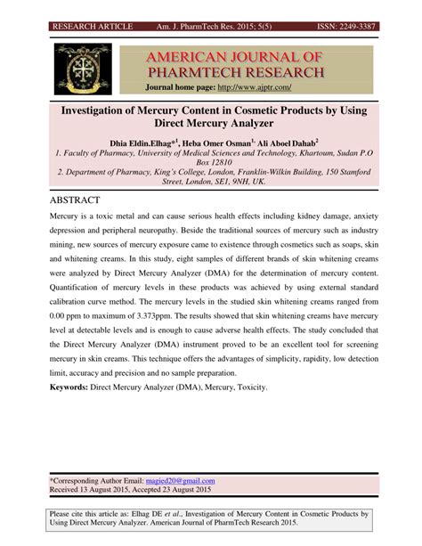 Pdf Investigation Of Mercury Content In Cosmetic Products By Using Direct Mercury Analyzer