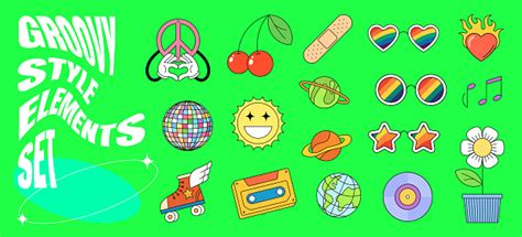복고풍 그루비 스타일의 디자인 요소 세트 사이키델릭 히피 만화 배지 컬렉션 빈티지 히피 미친 다양 한 요소 스티커 팩 추상 60 년대 70 년대 80 년대 트렌디 한 스타일