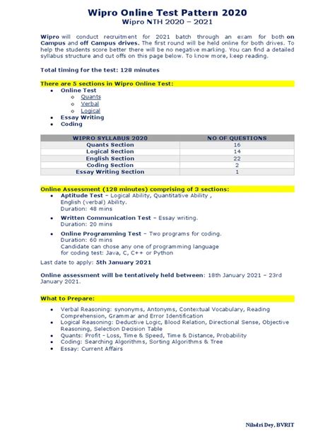 Wipro Online Test Pattern 2020 Pdf