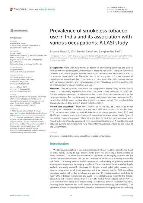 Pdf Prevalence Of Smokeless Tobacco Use In India And Its Association