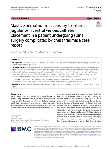 Pdf Massive Hemothorax Secondary To Internal Jugular Vein Central