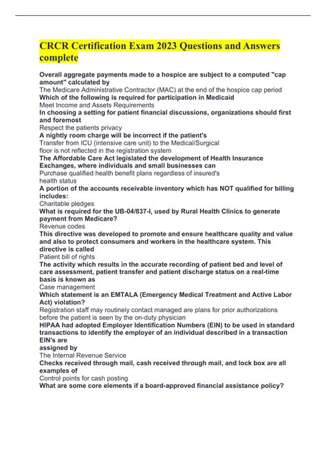 CRCR Certification Exam 2023 Questions And Answers Complete CRCR Stuvia US