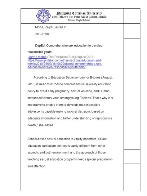 Philippine Christian University Deped Comprehensive Sex Education To Develop Responsible Youth