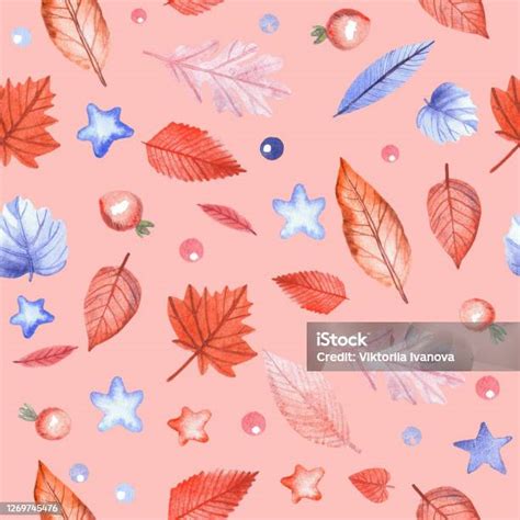 분홍색 배경에 단풍과 로즈힙 베리가 있는 매끄러운 패턴 손으로 그린 수채화 일러스트 10월에 대한 스톡 벡터 아트 및 기타 이미지 10월 가을 갈색 Istock