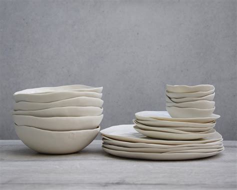 Handmade White Porcelain Dinnerware Set For 10 Italian Ceramic Plates