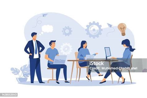 회사 직원이 작업을 계획하고 플랫 벡터 일러스트레이션을 브레인 스토밍합니다 만화 사람들이 아이디어와 회의를 공유합니다 평면