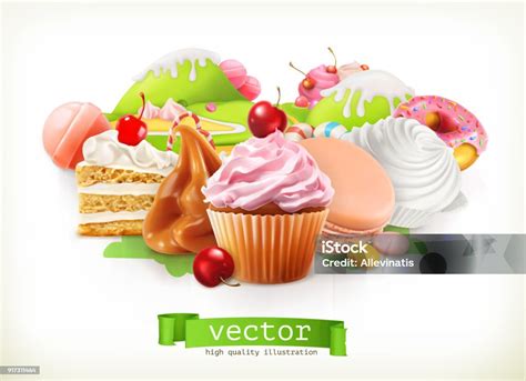 달콤한가 게 제과 및 디저트 케이크 컵 케 익 사탕 캐 러 멜 3 차원 벡터 일러스트 레이 션 사탕에 대한 스톡 벡터 아트 및