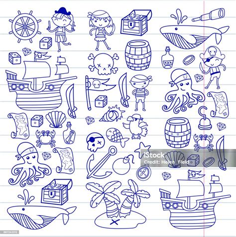 재생 해 적 소년과 소녀 유치원 학교 유치원 할로윈 파티 보물 섬 해 적 배 게 어린이 여행 모험 및 재미 생일 초대 앵무새 2 3 살에 대한 스톡 벡터 아트 및 기타