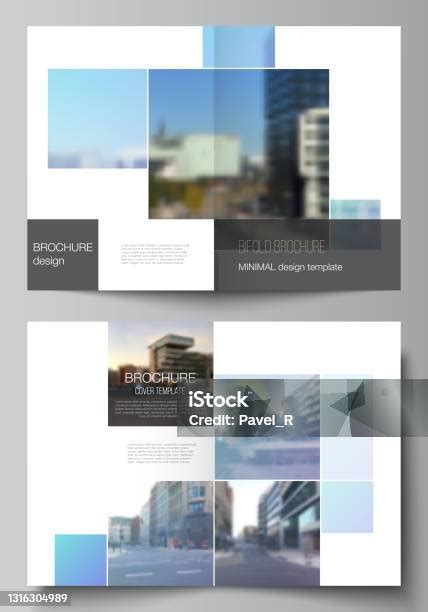 이중 브로셔 전단지 잡지 커버 디자인 책 디자인 브로셔 커버를 위한 두 개의 A4 포맷 커버 모형 템플릿의 벡터 레이아웃 파란색 사각형이 있는 기하학적 스타일의 추상 설계