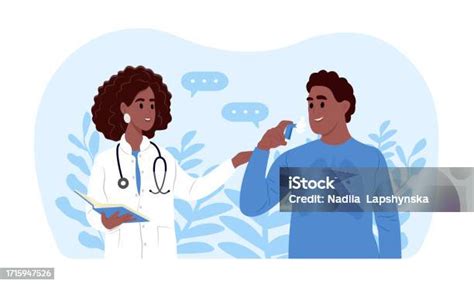 기관지 천식 의사는 천식 발작 중에 흡입기를 사용하는 방법을 환자에게 알려줍니다 세계 천식의 날 알레르기 천식 흡입 약물 건강관리와 의술에 대한 스톡 벡터 아트 및 기타