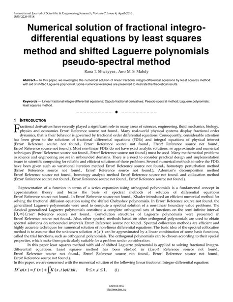 PDF Numerical Solution Of Fractional Integro Differential Equations By Least Squares Method