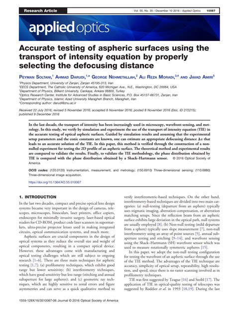 Pdf Accurate Testing Of Aspheric Surfaces Using The Transport Of Intensity Equation By
