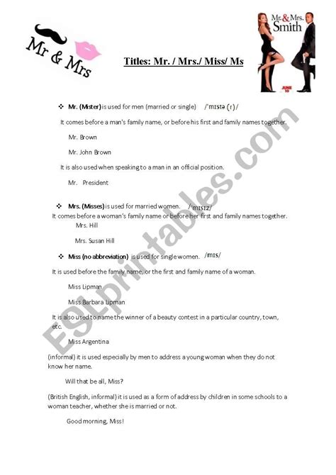 Mr Mrs Miss Or Ms Esl Worksheet By Vicky024