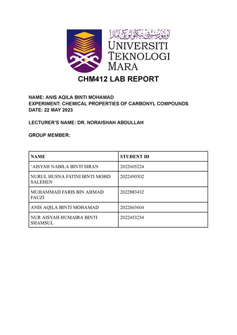 CHM412 LAB Report EXP5A CHM412 LAB REPORT NAME ANIS AQILA BINTI MOHAMAD EXPERIMENT CHEMICAL