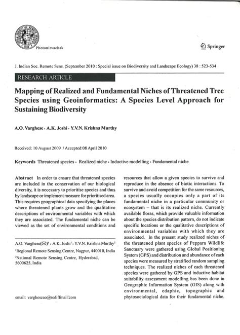 Pdf Mapping Of Realized And Fundamental Niches Of Threatened Tree