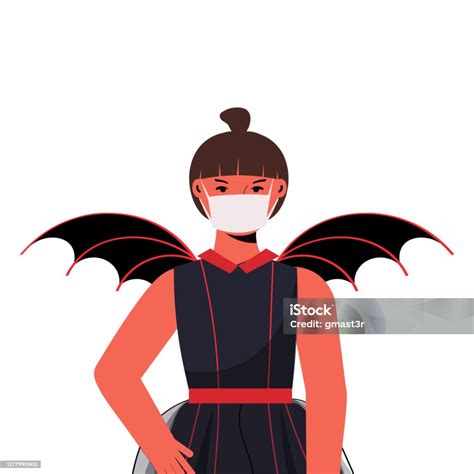 Gadis Bertopeng Mengenakan Kostum Kelelawar Pesta Halloween Perayaan Potret Konsep Karantina