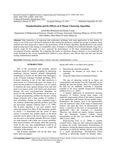 Pdf Standardization And Its Effects On K Means Clustering Algorithm