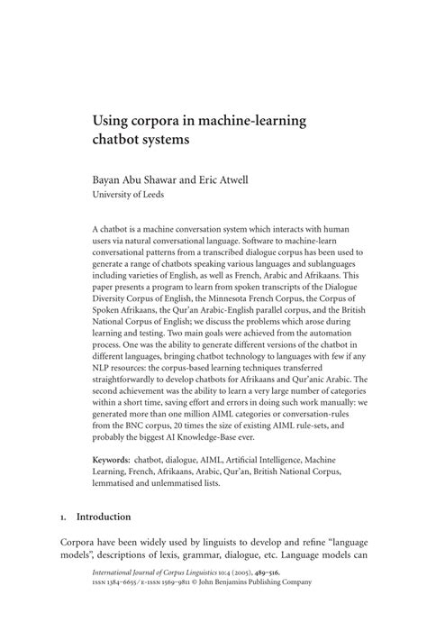 Pdf Using Corpora In Machine Learning Chatbot Systems