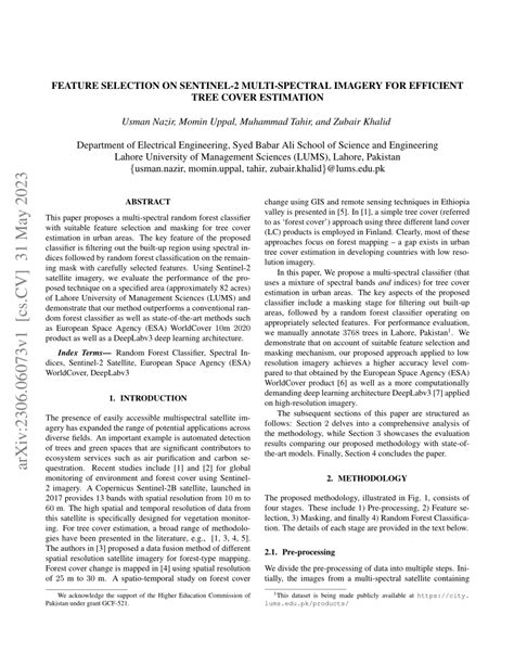 Pdf Feature Selection On Sentinel 2 Multi Spectral Imagery For Efficient Tree Cover Estimation