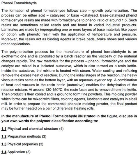 Solved The Formation Of Phenol Formaldehyde Follows Step Growth