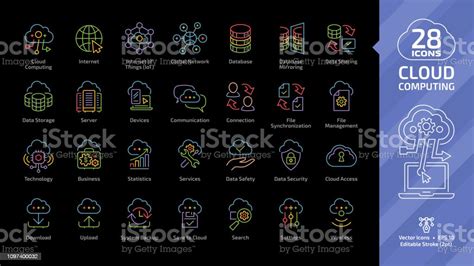 Cloud Computing Editable Stroke Outline Color Icon Set On A Black