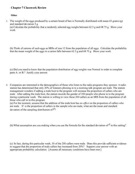 chapter 7 classwork review chapter 7 classwork review other the weight of the eggs produced by