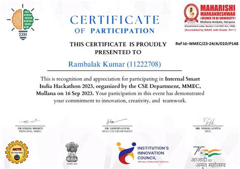 I Am Thrilled To Have Participated In The Internal Smart India Hackathon 2023 A Prestigious