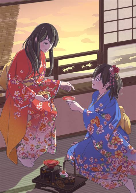 Akagi Kimono Fan Art Brunette Japanese Kimono Kantai Collection Long Sleeves Kaga Hd