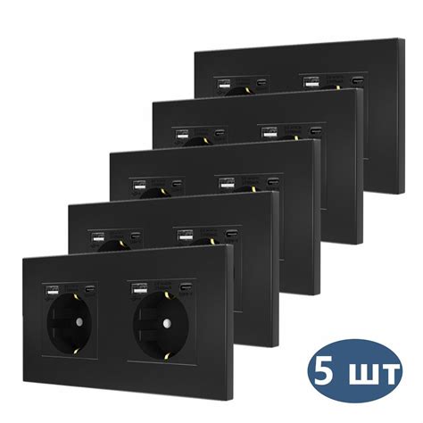 Розетка электрическая двойная с Usb и Type C входами 5 вольт 3 1А рамка пластик Черный 5 шт