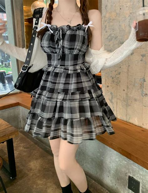 프릴 캉캉 체크 원피스 스퀘어 넥 오프 숄더 끈 나시 슬리브리스 민 소매 하이 웨스트 레이스 러플 A 라인 미니 숏 짧은 티어드 치마 스커트 드레스 귀여운 하이틴 여친