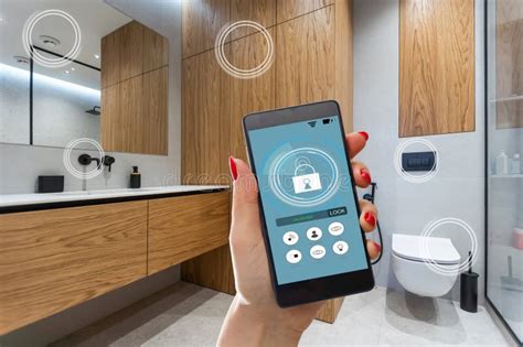 Smart House Home Automation Device With App Icons Woman Uses His