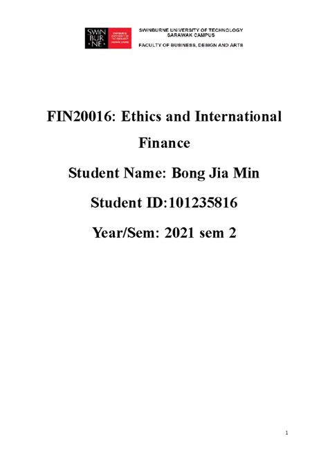 Bong Jia Min 101235816 Assignment 1 Fin2001 6 Fin20016 Ethics And