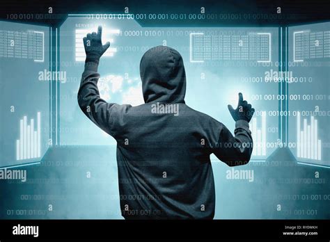 Rear View Of Hacker In Black Hoodie Touching Virtual Screen With Server Data Binary Code Bar