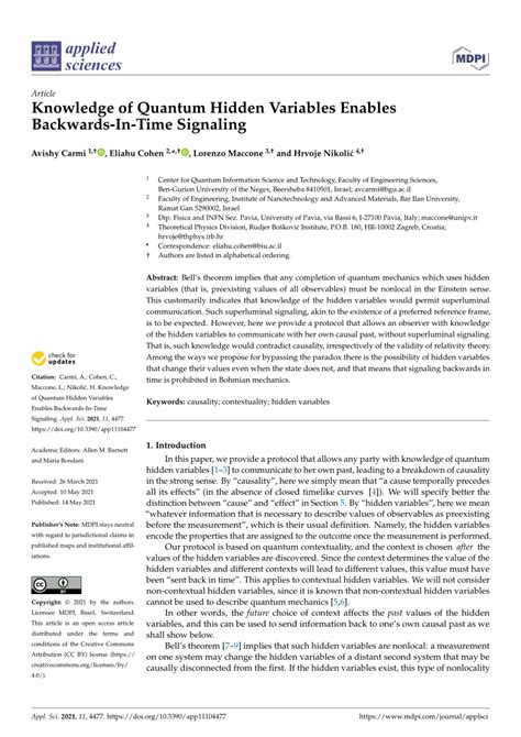 pdf knowledge of quantum hidden variables enables backwards in time signaling
