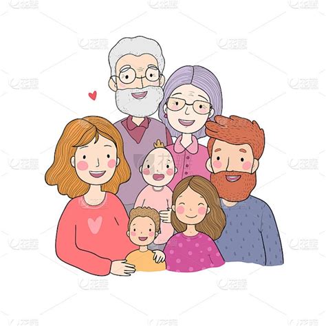 一个幸福的家庭。父母和孩子们。可爱的卡通爸爸，妈妈，女儿，儿子和宝宝。祖母和祖父。有趣的宠物猫和狗素材 花瓣网