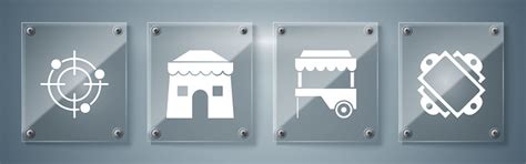 세트 티켓 차양 서커스 텐트 와 촬영 경쟁을위한 대상 스포츠와 패스트 스트리트 푸드 카트 정사각형 유리 패널 벡터 거리에 대한