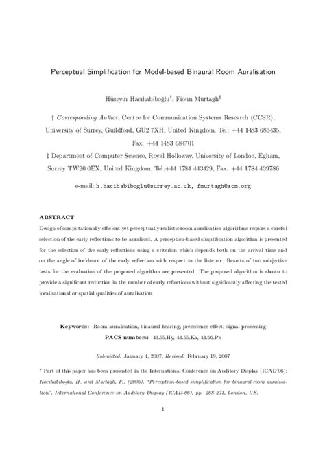 Pdf Perceptual Simplification For Model Based Binaural Room Auralisation