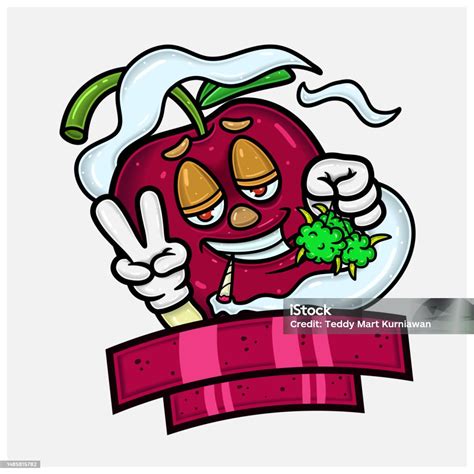 체리 과일 마스코트 만화 캐릭터는 잡초 꽃봉오리 흡연 및 빈 표지판 라벨이 있습니다 건강관리와 의술에 대한 스톡 벡터 아트 및