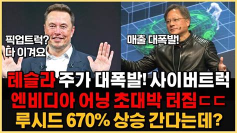 테슬라 주가 대폭발 사이버트럭이에요 엔비디아 어닝 초대박 터졌네요 루시드 670 상승 간다는데 Youtube