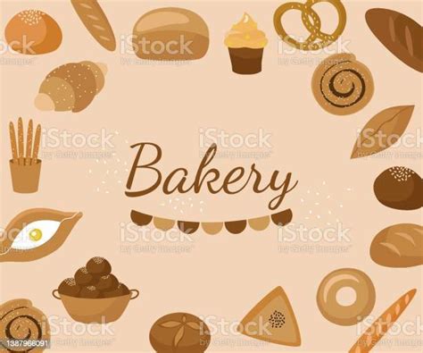 베이커리 페이스트리 빵 및 과자 제품 빵 바게트 덩어리 크루아상 케이크 카차푸리 배너 포스터 스티커 벡터 그림이 격리됩니다 고급에 대한 스톡 벡터 아트 및 기타 이미지